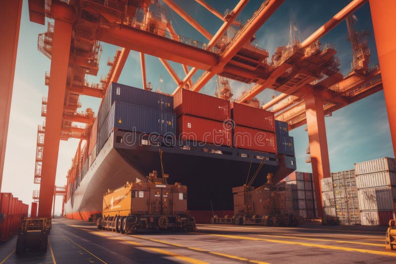 Port Cargo Terminal, Transport Hub. Huge Industrial Cranes Loading ...