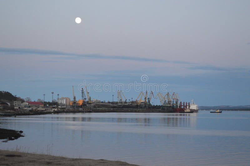 Port of City of Kandalaksha in Spring Evening with Moon Stock Image ...