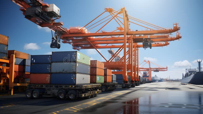 Port Cranes Lifting Containers Onto a Waiting Freighter Stock ...