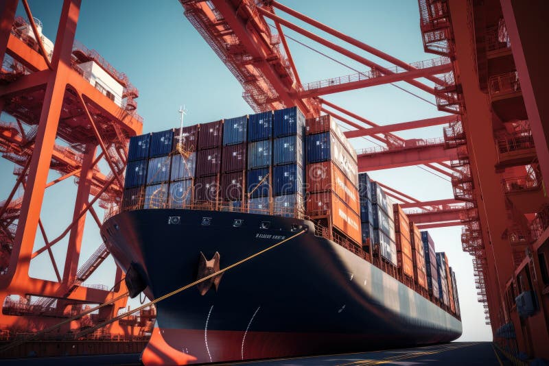 Port Cranes Loading Containers on Board a Ship at Cargo Terminal of the ...