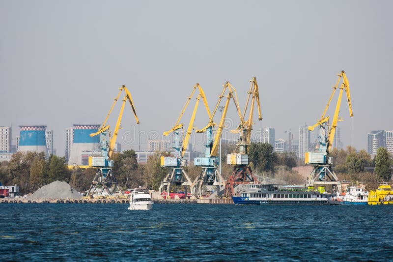 Port Cranes for Loading Containers. Yellow River Port Crane at the Pier ...