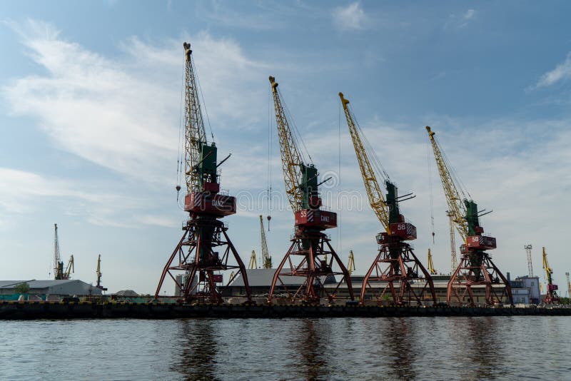 Loading and Unloading Crane Mounted on a Small Barge Stock Photo ...