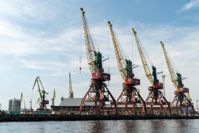 Loading and Unloading Crane Mounted on a Small Barge Stock Photo ...