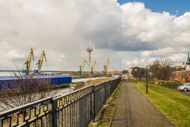 Port Cranes in the Vyborg at Spring Stock Photo - Image of cloud, bank ...