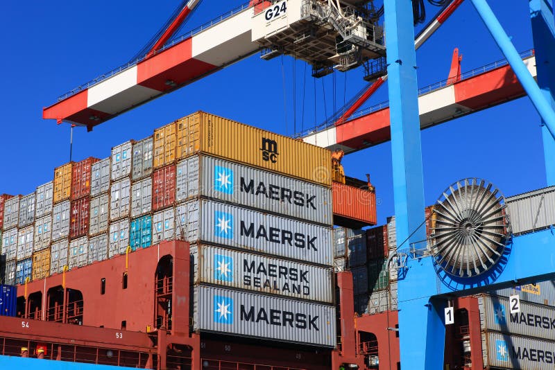 Port Dock with Container Ship and Various Brands and Colors of Shipping ...