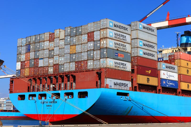 Port Dock with Container Ship and Various Brands and Colors of Shipping ...