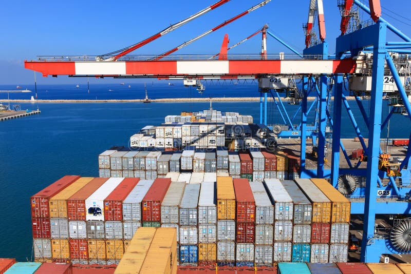 Port Dock with Container Ship and Various Brands and Colors of Shipping ...