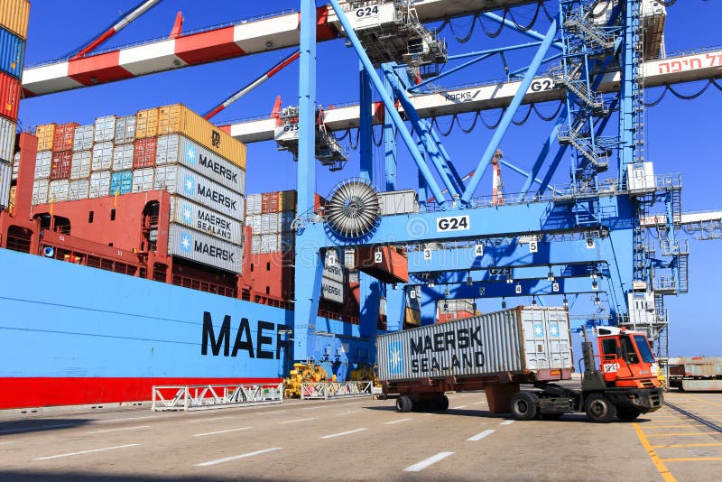 Port Dock with Container Ship and Various Brands and Colors of Shipping ...