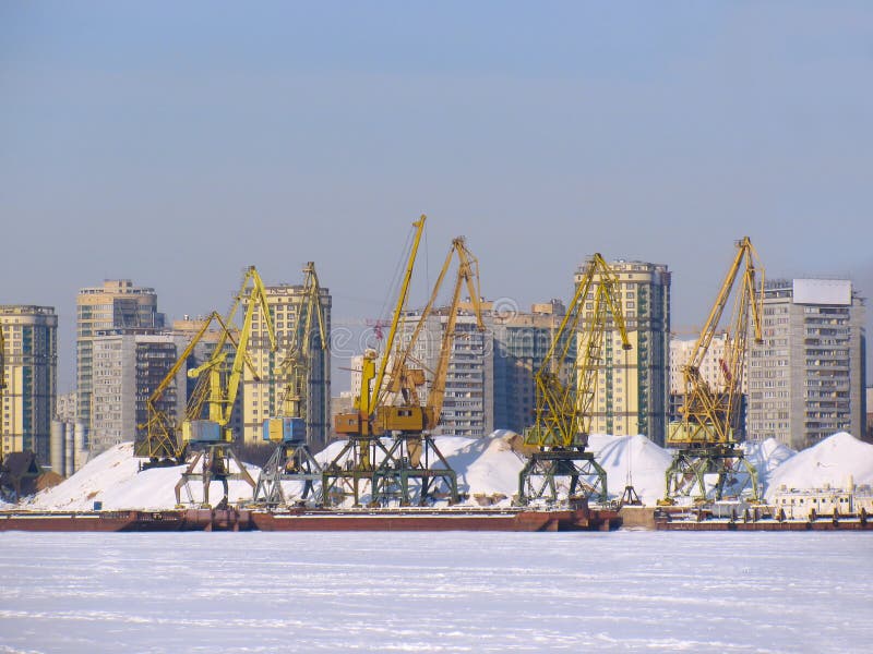 Port on frozen river stock photo. Image of cold, dock - 12253510