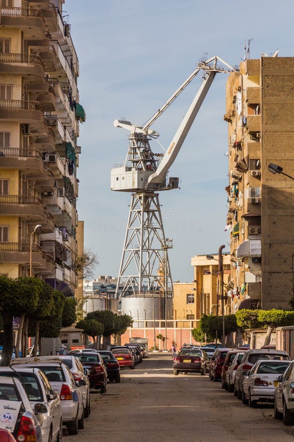 PORT FUAD, EGYPT - FEBRUARY 3, 2019: Harbor Crane in Port Fuad, Egy ...