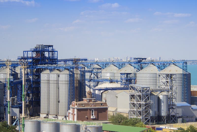 Port Grain Elevator. Industrial Sea Trading Port Bulk Cargo Zone Grain ...