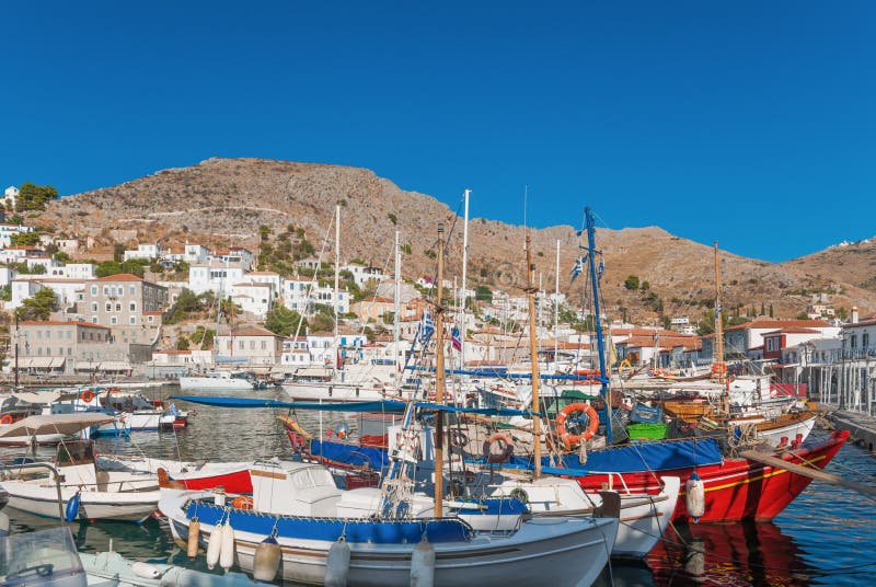 The port of Hydra, Greece stock image. Image of moored - 26974637