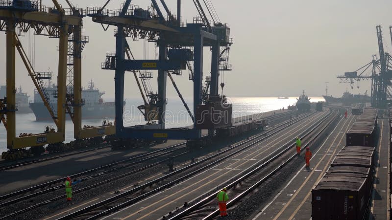 Port Workers Inspecting Cargo Train Near Container Ship Stock Video ...
