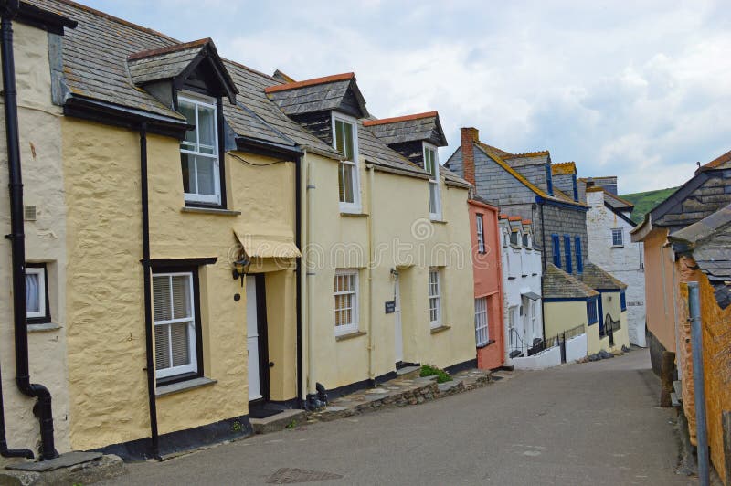 View Down the Street of Pastel Coloured Cottages in Port Issac ...