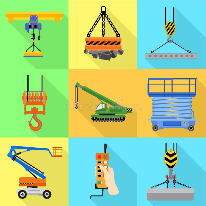 Lifting Equipment Icon Set, Flat Style Stock Vector - Illustration of ...