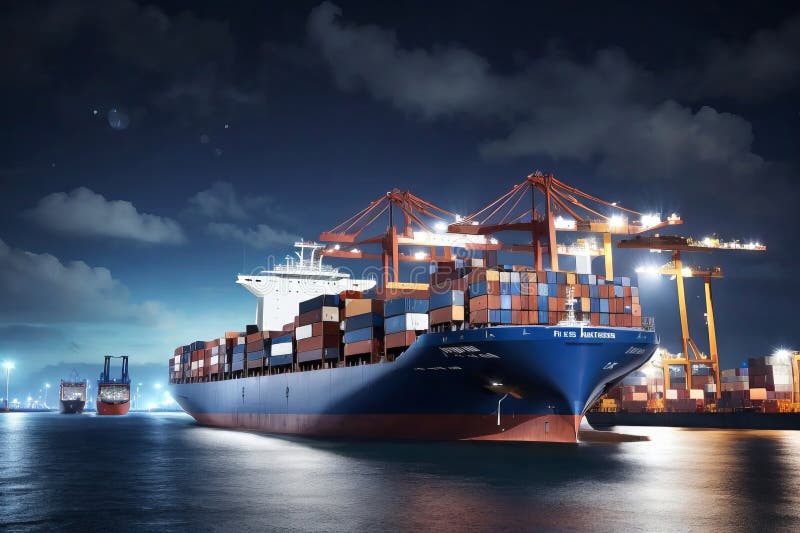 Port Logistics by Night , Concept Ship in Port Import-export Commercial ...