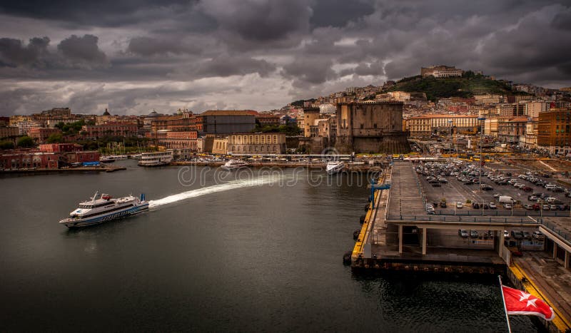 The Seaport of Naples with Mount Vesuvius on Background, Italy ...