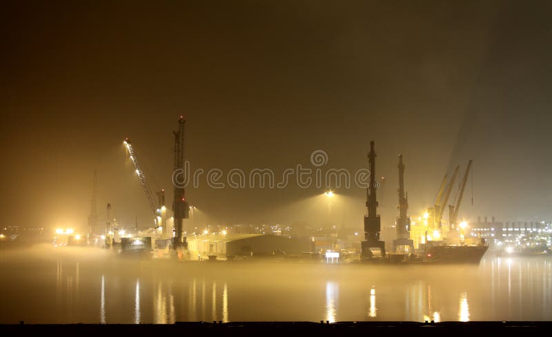 Port at night and fog stock photo. Image of cranes, harbor - 30466022