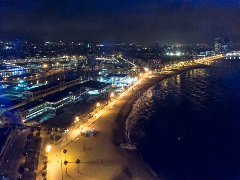 Port and Oceanfront of Bracelona at Night, Aerial View Stock Photo ...