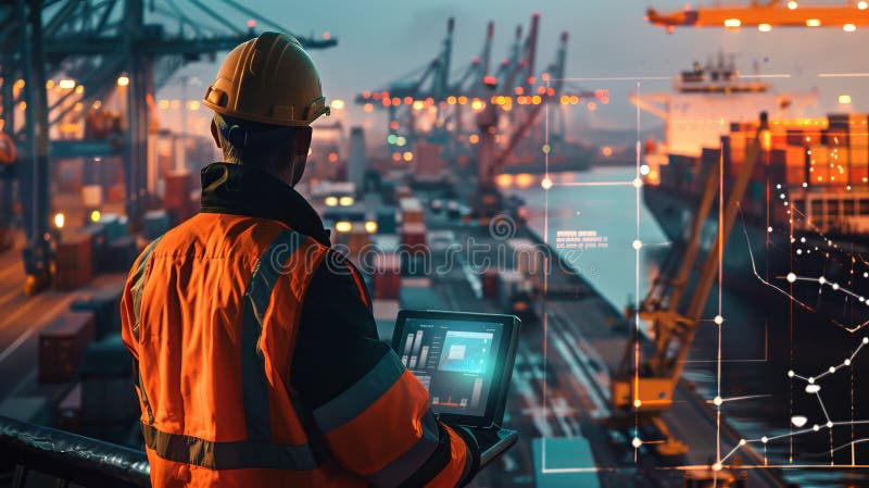 Port Operator in High-visibility Gear Overseeing Shipping Operations at ...