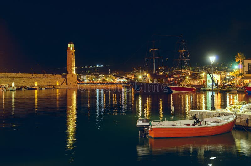 Port Rethymno at Night. Crete. Greece Stock Image - Image of rethymnon ...