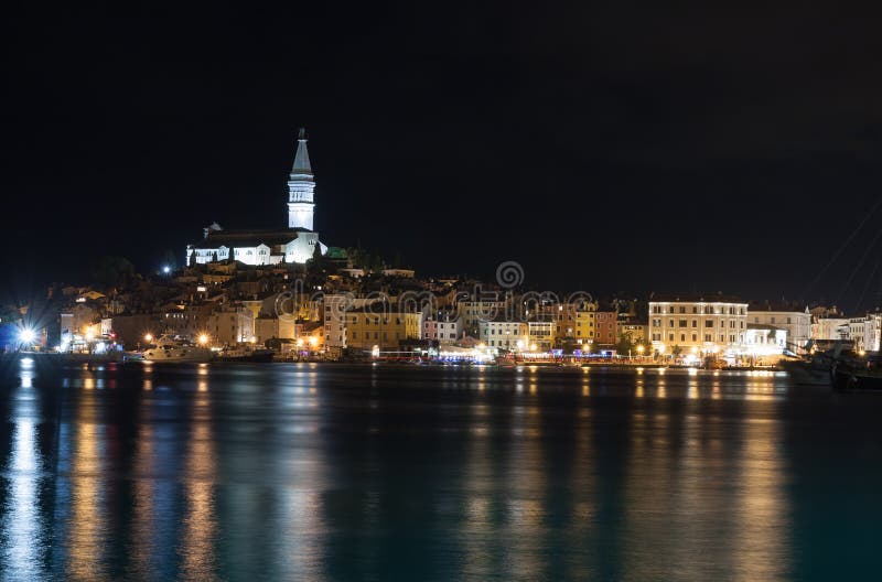 Port of Rovinj in the Night in Croatia Stock Image - Image of house ...