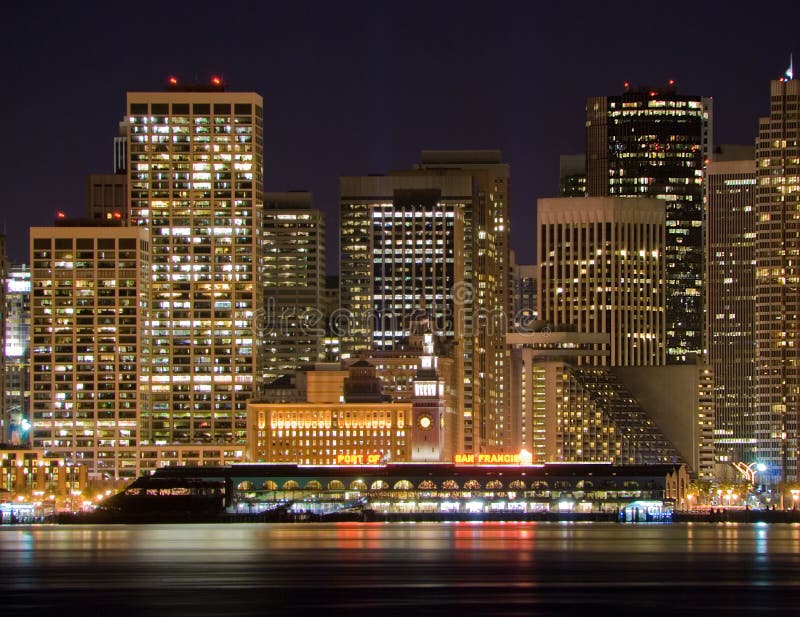 Port of San Francisco & Financial District at Night Stock Photo - Image ...