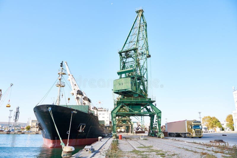 Port, cranes and ship stock photo. Image of business - 259969552