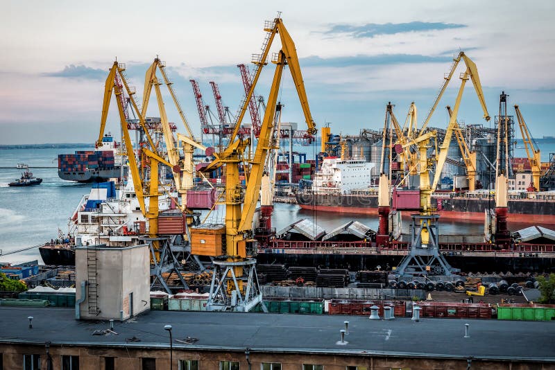 Port with Ships, Ferries, Cranes at Sunset Stock Image - Image of ...