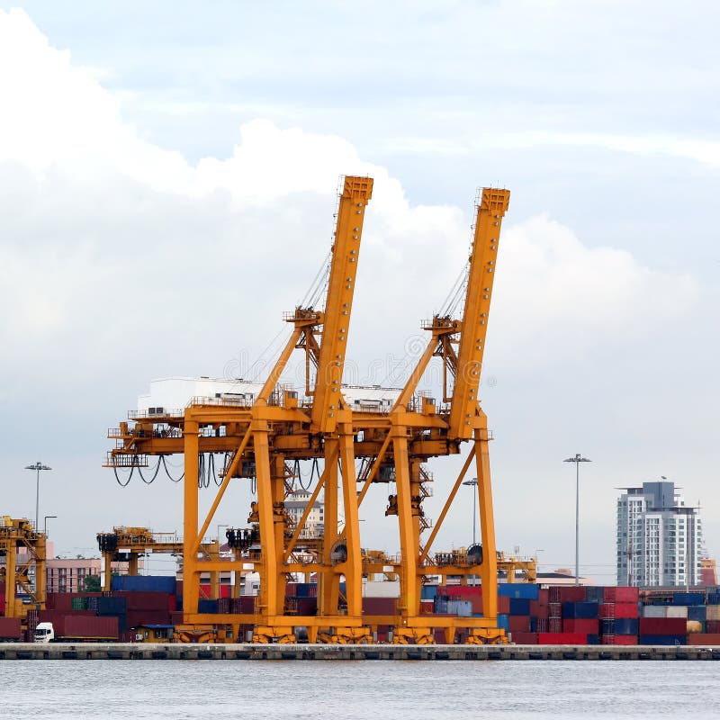 Port Warehouse with Container Cargo and Crane Bridge Stock Photo ...