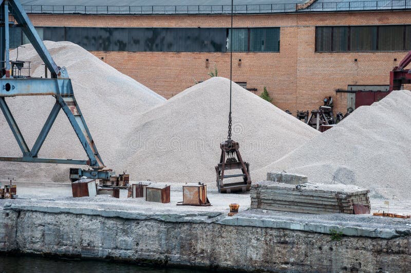 Port Work Loading and Unloading the Barge with Gravel Stock Photo ...