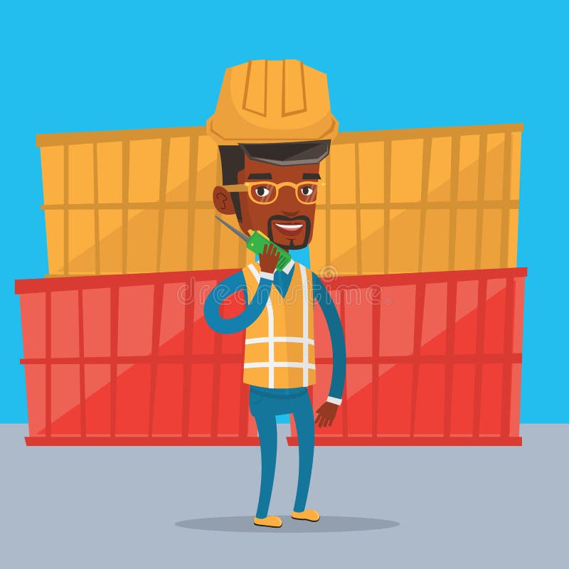 African Port Worker Talking on Wireless Radio. Stock Vector ...