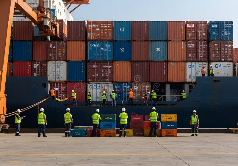 Port Workers Loading Containers on Ship Stock Illustration ...