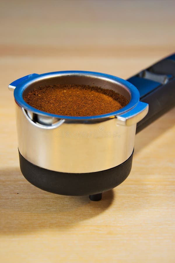 Porta Filter with Fresh Ground Coffee Ready To Brew in the Espresso ...