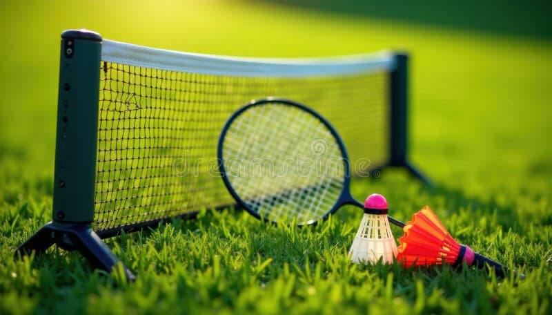 Portable Badminton Net Set with Rackets, Shuttlecocks on Grassy Field ...