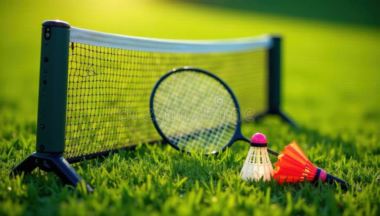 Portable Badminton Net Set with Rackets, Shuttlecocks on Grassy Field ...