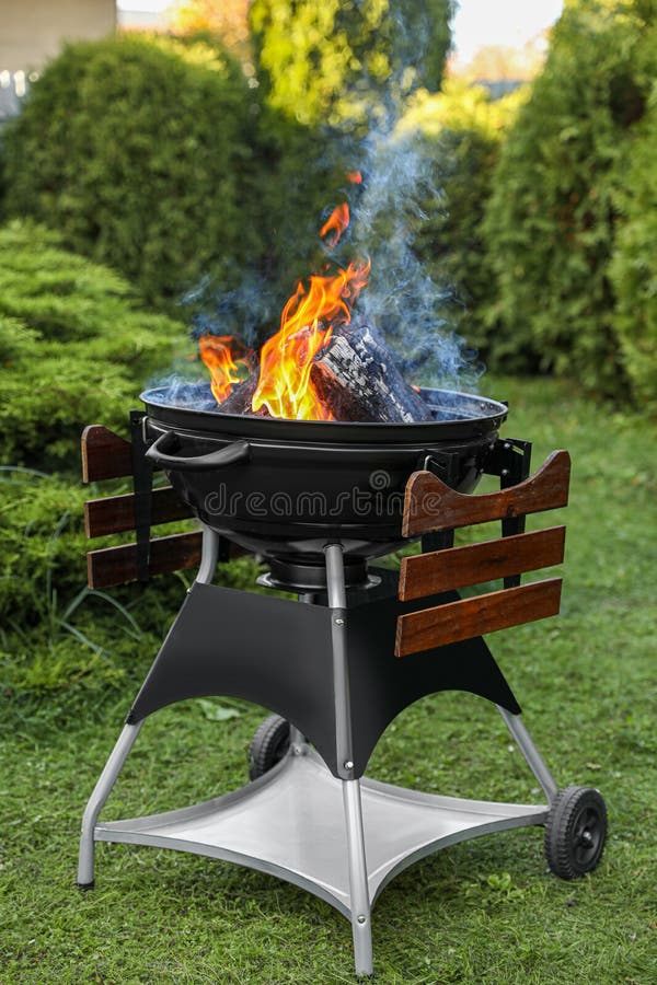 Portable Barbecue Grill with Fire Flames Outdoors Stock Photo - Image ...
