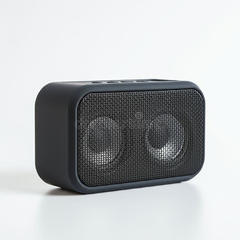 A Portable Black Speaker with a Mesh Front Cover Featuring Two Visible ...