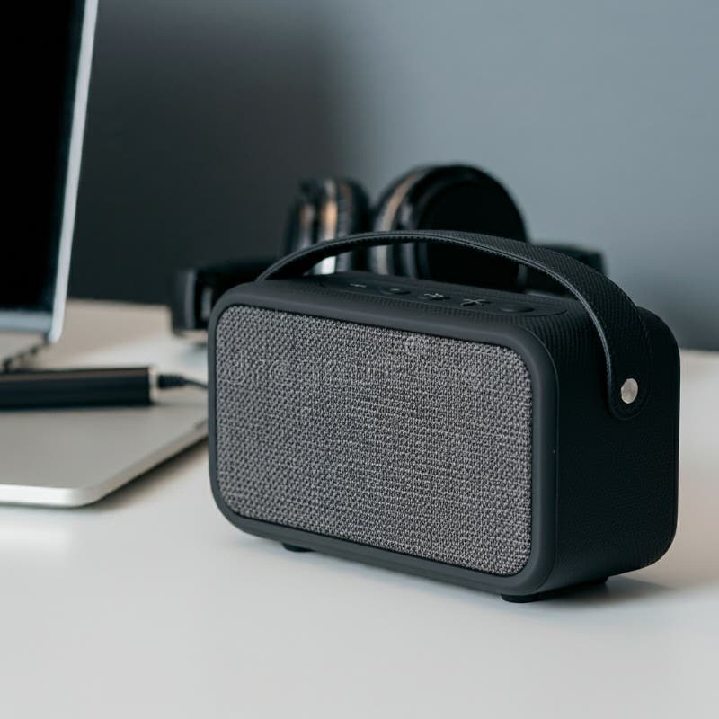 A Portable Bluetooth Speaker with a Rectangular Design Sits on a Desk ...