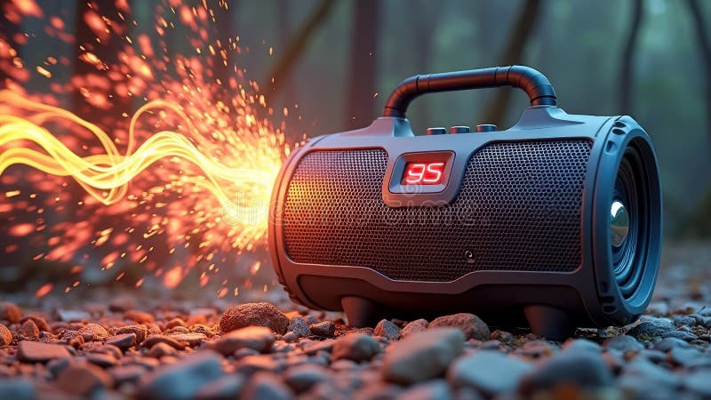 Portable Bluetooth Speaker on Rocks with Electric Sound Waves at Dusk ...