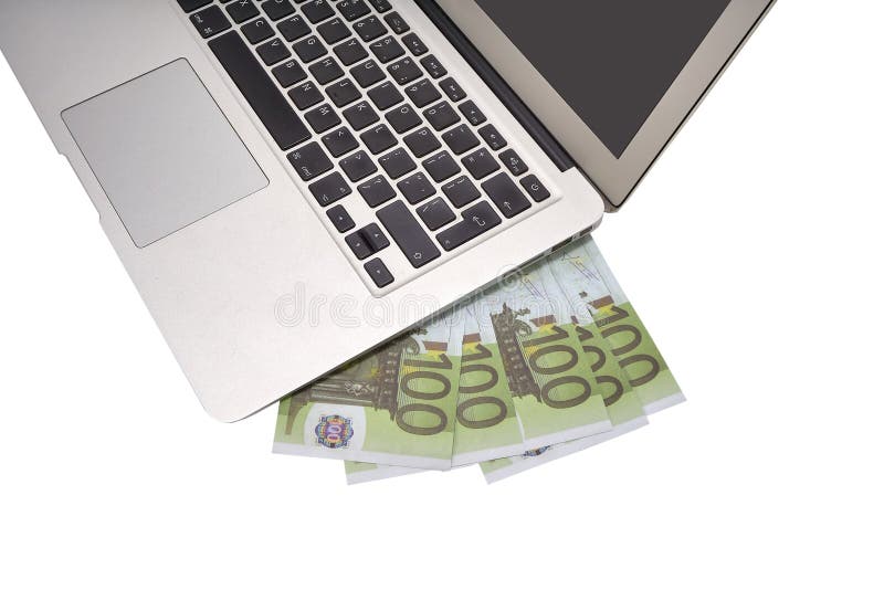 Portable Computer and 100 Euro Bills on White Background, Top View ...