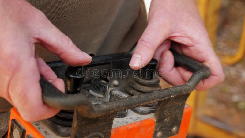 Portable Control Station of Construction Crane. Worker Using Crane ...