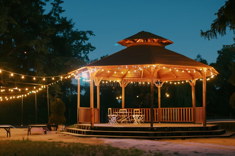 Portable Gazebo at a Nighttime Event with String Lights Stock Image ...