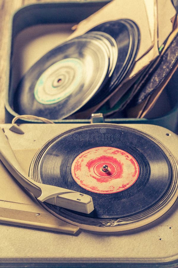Portable Gramophone and Old Black Vinyl Records Stock Image - Image of ...