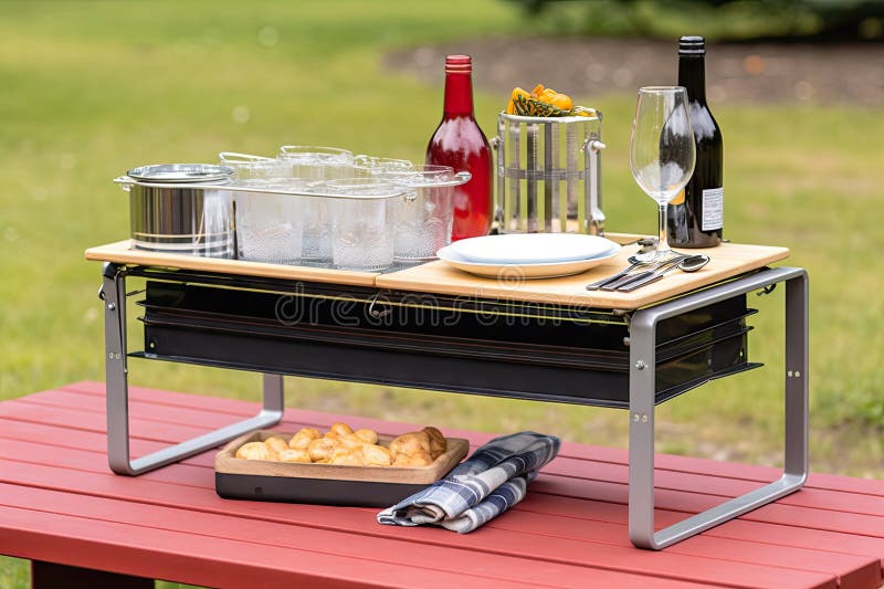Portable Grill on a Picnic Table with Plates, Flatware, and Drinks ...