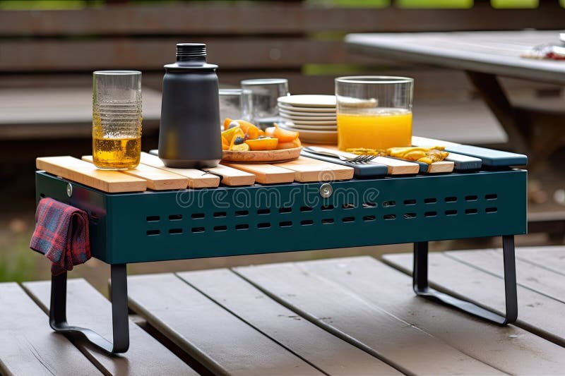 Portable Grill on a Picnic Table with Plates, Flatware, and Drinks ...