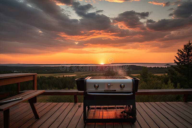 Portable Grill on Wooden Deck with Serene View of the Sunset Stock ...