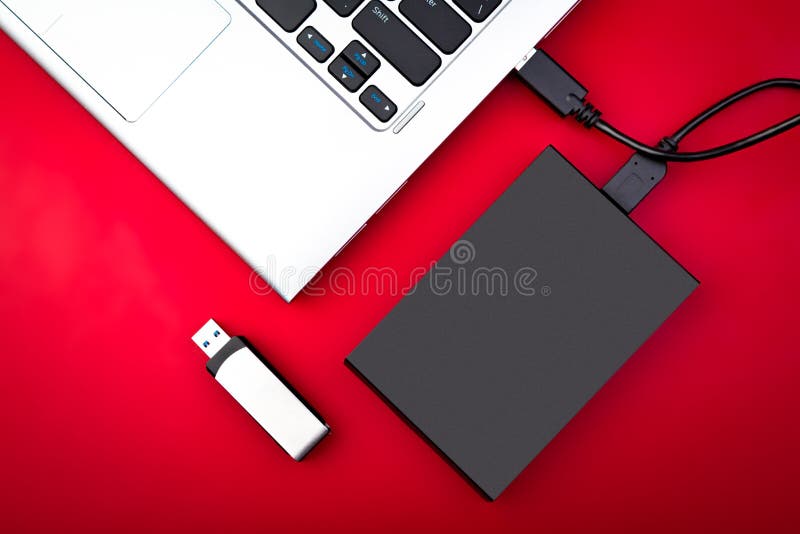 A Portable Hdd Connected To a Laptop with Usb Flash Drive Stock Image ...