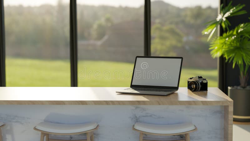 Portable Laptop Mockup, Camera and Copy Space on Modern Wood Kitchen ...