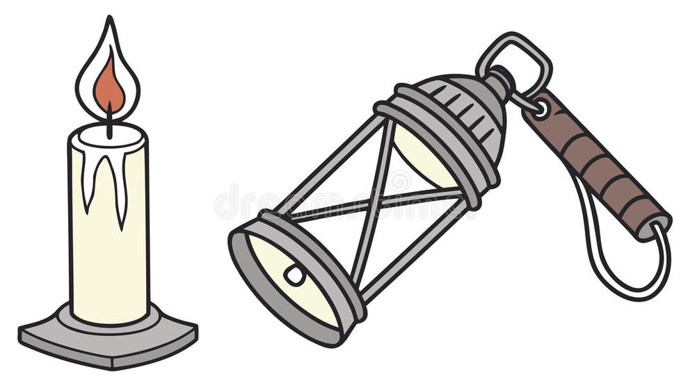 Portable Lighting. Burning Candle, Flashlight, and Classic Lantern ...